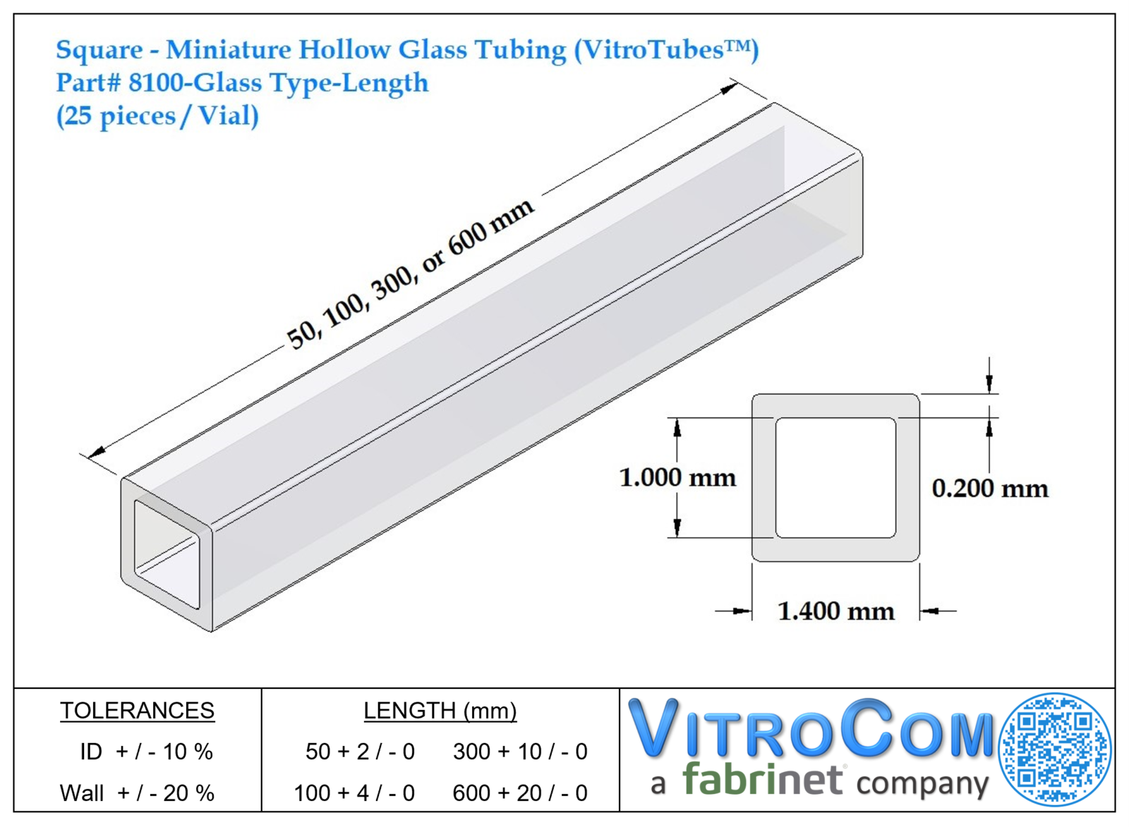 Square Miniature Hollow Glass Tubing #8100 - 22 Pieces/Vial | Vitrocom